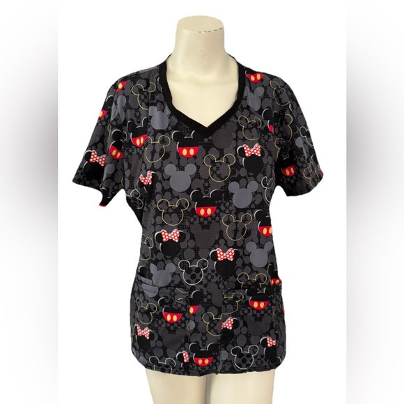 Disney | Tops | Disney Scrub Top Mickey Minnie Mouse Womens M Black ...